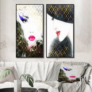 Designart "High Fashion Female Sketch" Fashion Framed Wall Art Set Of 2 - Pink Wall Art Set Of 2 ...